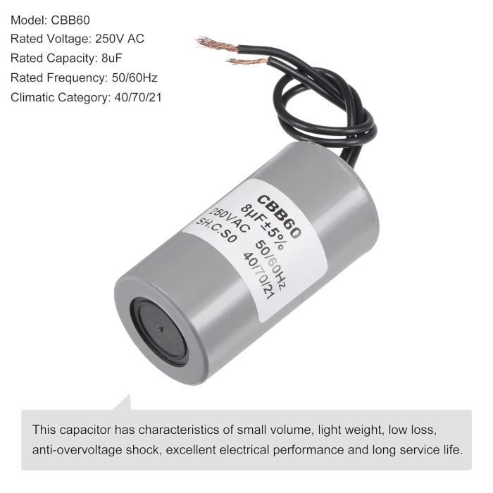 Cbb60 Marche Condensateur 8Uf 250V Ac 2 Fils 50-60Hz Cylindre 65X34Mm Pour Compresseur Eau Pompe ...
