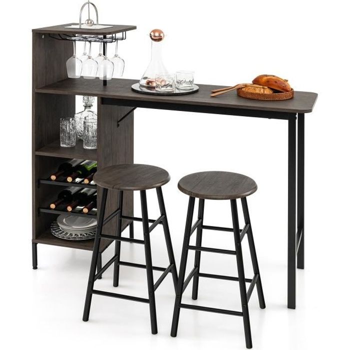 COSTWAY Ensmeble Table de Bar, Mange debout avec 2 Tabourets, Table ...