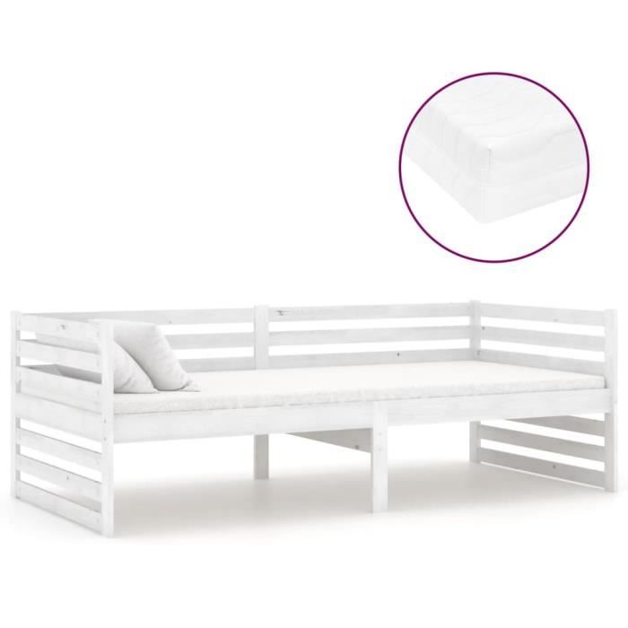 Lit de repos avec matelas 90x200 cm Blanc Bois de pin massif - Omabeta ...