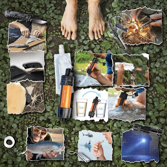 WONCROW Kit de Survie Complète + Trousse de Secours + Paille Filtrante + Sac + Pierre Allume Feu ...