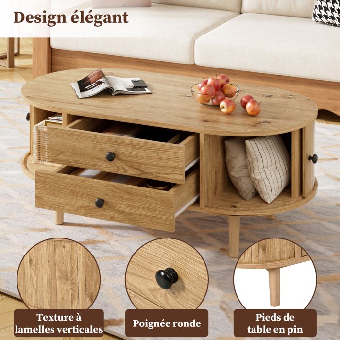 Table Basse Ovale 100x50x40 cm, Table de Salon Rangement, 2 Tiroirs ...