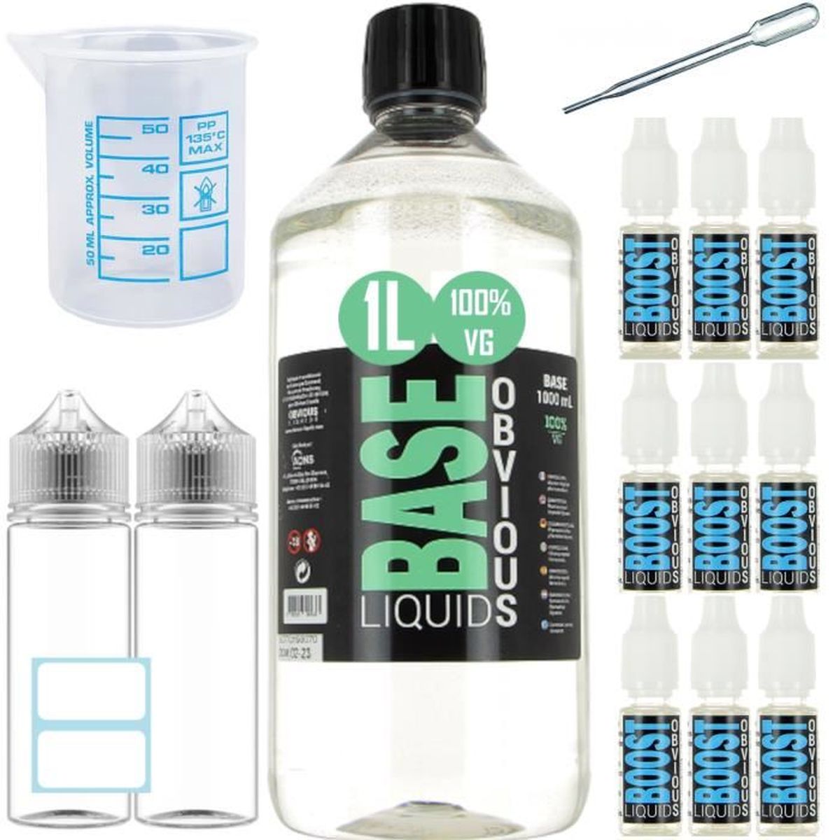 Base e liquide 1 Litre 1L 100% VG 00MG - x10 Boosters - 2 Flacons Vides ...