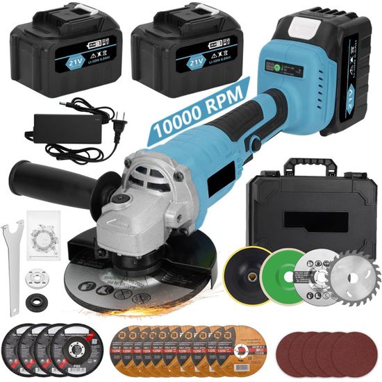 Meuleuse d'angle sans fil 125mm Brushless avec 2 Batteries 3.0Ah + Chargeur, Disqueuse ...