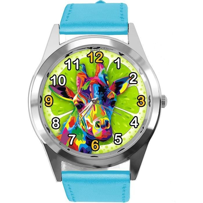 Montre À Quartz Ronde En Cuir Bleu Pour Les Fans De Girafe[m2199 ...