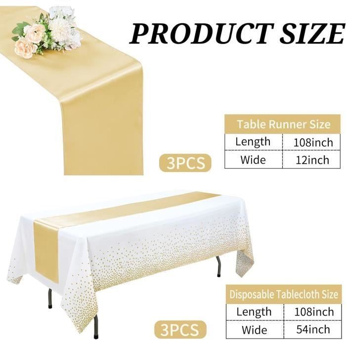 3 Chemins De Table En Satin Doré 12X108 Pouces Et 3 Nappes En Plastique ...