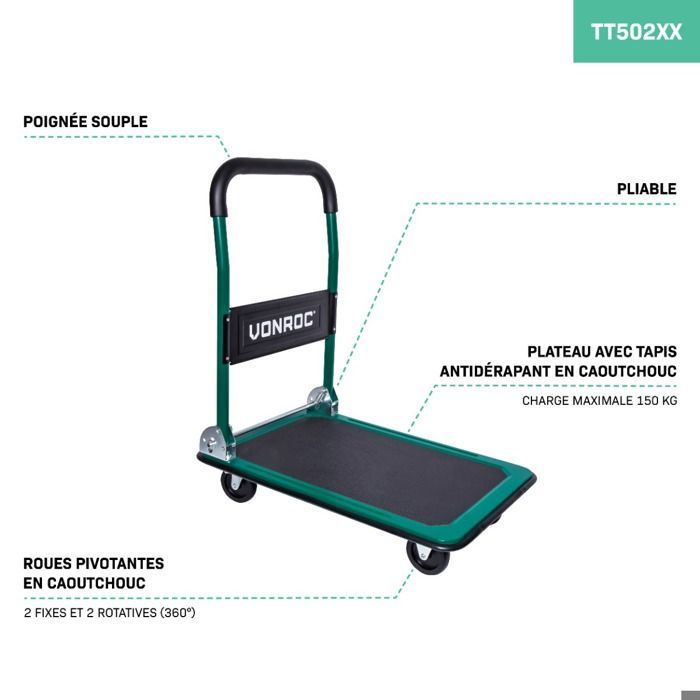VONROC Chariot plateforme pliant - chariot de transport – Capacité de ...