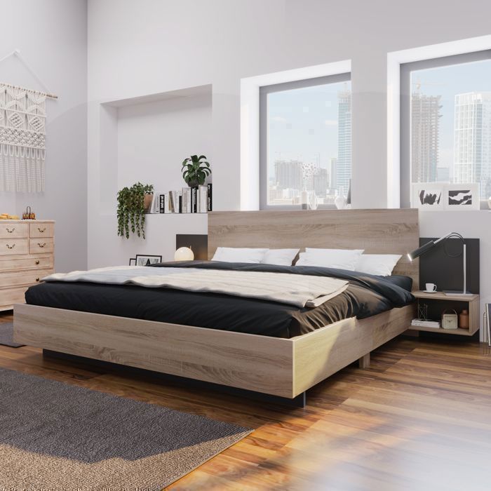 MODFU Lit adulte lit double 160 x 200 cm en bois avec 2 tables de ...