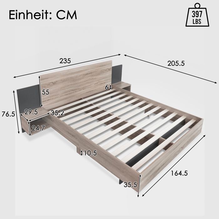 MODFU Lit adulte lit double 160 x 200 cm en bois avec 2 tables de ...