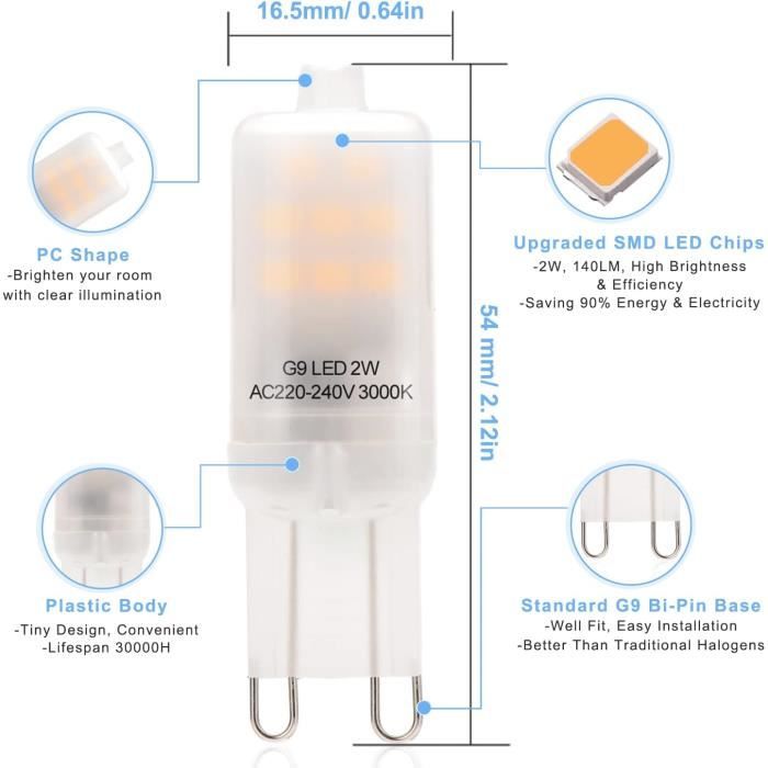 Ampoules LED G9 2W Blanc Chaud 3000K, 10W 20W Remplacement Halogènes, Angle de Faisceau 360° LED ...