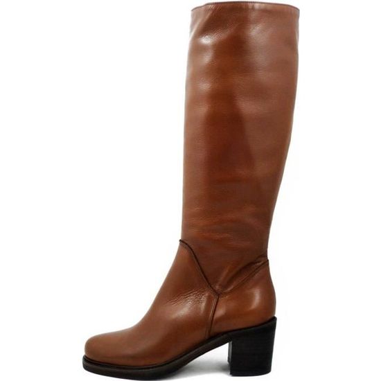 Botte pour femme en cuir souple marron à talon large et fermeture zip ...