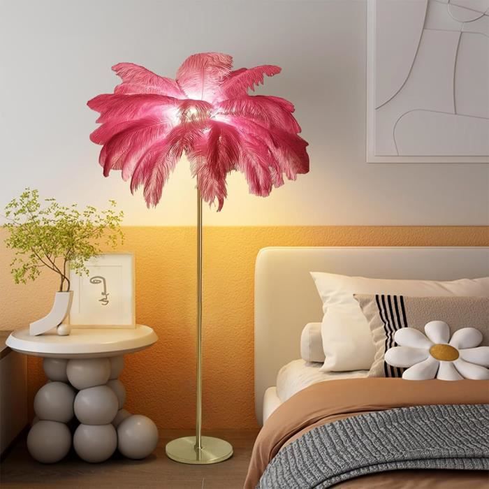 Lampadaire en plumes pour salon, abat-jour en plumes d'autruche blanche ...