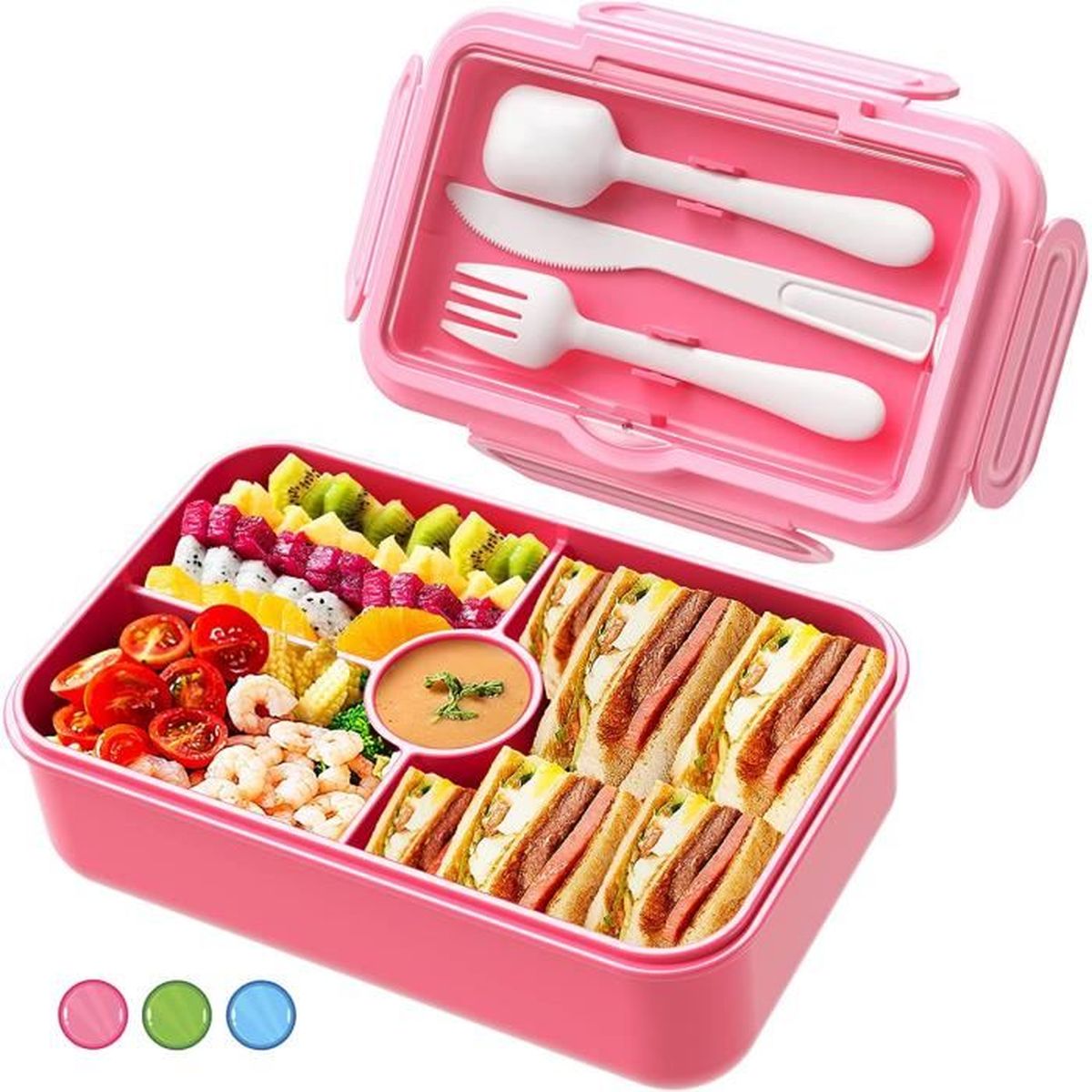 Lunch Box, 1100 ml, avec couverts et 3 compartiments étanches, enfants ...