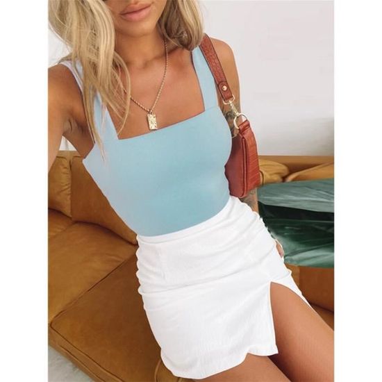 Gilet-cardigan,Haut court à col carré pour femme,blanc,noir,t-shirt basique décontracté,caraco ...