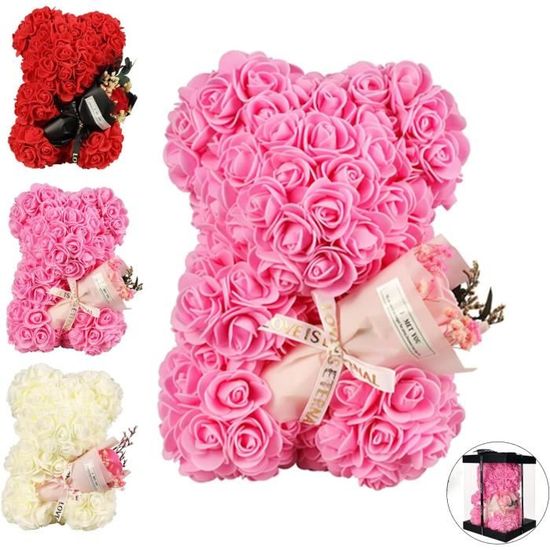 Probuk Ours en Rose, 25CM Ours Fleurs Artificielles, Rose Bear avec Box, Ours en Rose Fait à la ...