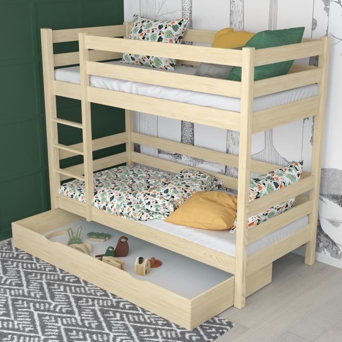 Lit superposé avec Rangement en bois massif 80x200 - adulte-enfant ...