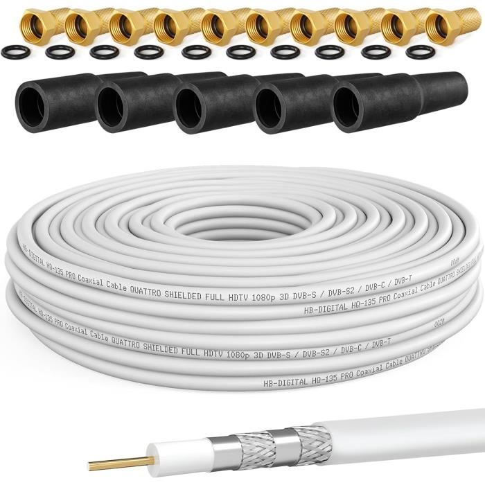Câble Satellite Coaxial-50 M-130 Db-Avec 10 Fiches F Plaquées Or Et 5 ...