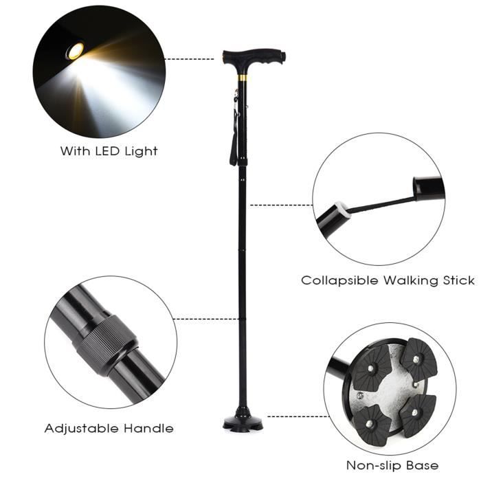 Canne pliante réglable avec lumière LED, canne pliante avec poignée en ...