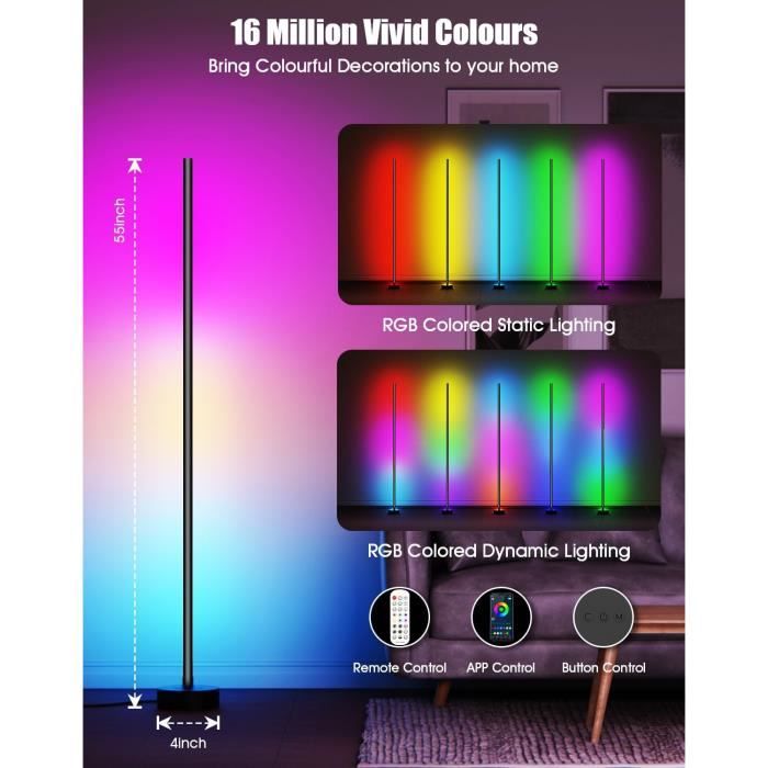 Lampadaire D'Angle Led, Rgb Lampadaire Sur Pied Salon Avec Télécommande Et Bluetoot Contrôle App ...