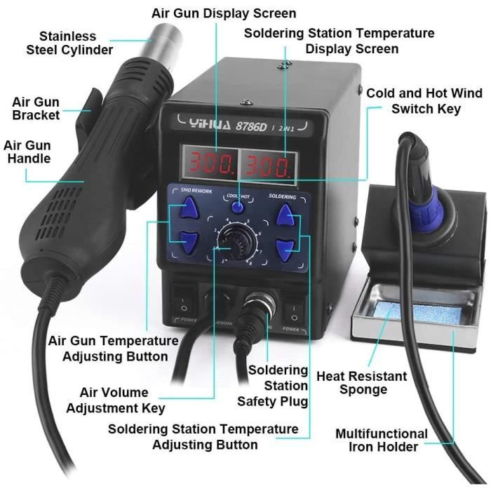 8786D Fer à Station De Souder 2 en 1, Yofuly Station De Soudage à Air Chaud Pour Le Dessoudage ...