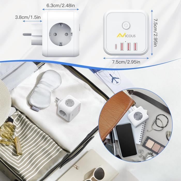 Cube Multiprise Murale,Prise USB Multiple 7 en 1 Bloc avec 3 Prise et 4 USB,Multiprise ...