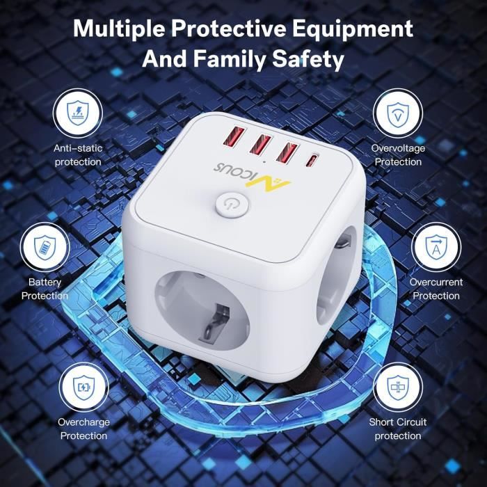 Cube Multiprise Murale,Prise USB Multiple 7 en 1 Bloc avec 3 Prise et 4 USB,Multiprise ...