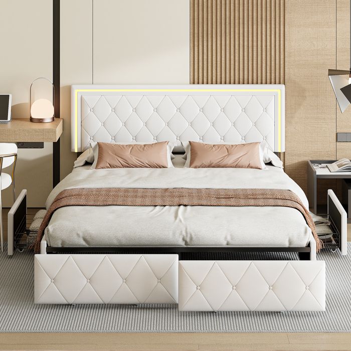 Lit rembourré - LEWW - 140x200 cm - Lit double avec 4 Tirors de ...