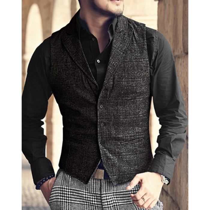 Taille L noir Gilet de costume en laine à chevrons pour homme, gilet en ...