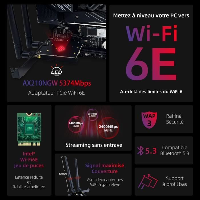 Carte Wifi Pcie Axe5400 Chipset Intel Ax210 Wifi 6E Avec Bluetooth 5.3 Tri-Bandes (6Ghz-5Ghz-2 ...