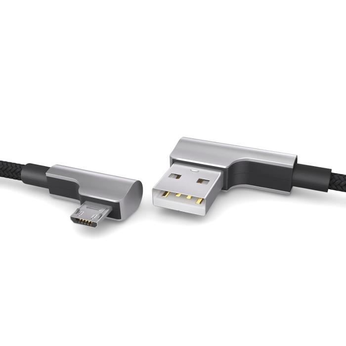 1m de câble nylon micro USB noir, connecteur coudé à 90 degrés, USB ...