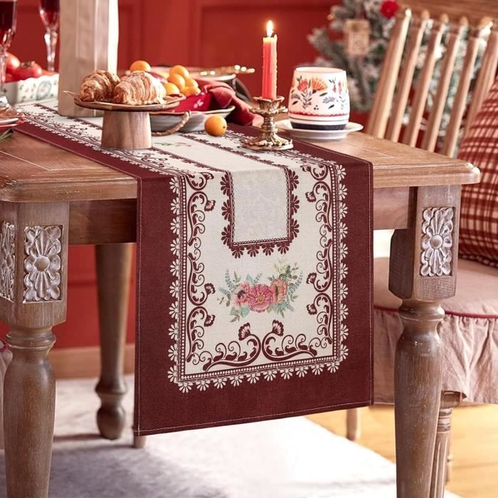 Chemin De Table Rouge Rustique Fleurs Feuilles Chemin De Table En Lin ...