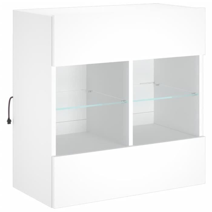 Meuble TV Mural - FDIT - Blanc - 58,5x30x60,5 cm - Lumières LED RVB - 2 étagères en verre ...