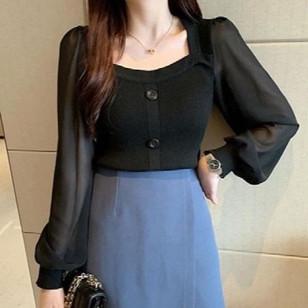 CRAZE Pull Femme Printemps Col Carré Solide Tops Patchwork Pull À ...