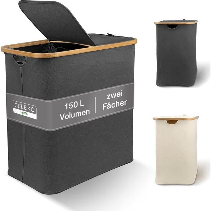 Celeko Dark Panier À Linge Avec Couvercle 2 Compartiments 150 L Tissu ...
