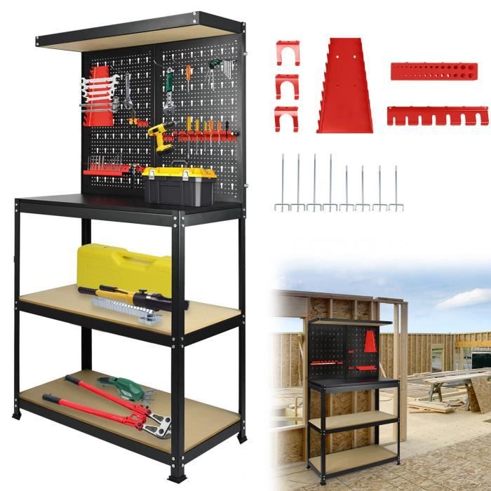 YUENFONG Plan de travail avec 2 étagères et mur perforé pour outils suspendus, supporter jusqu'à ...