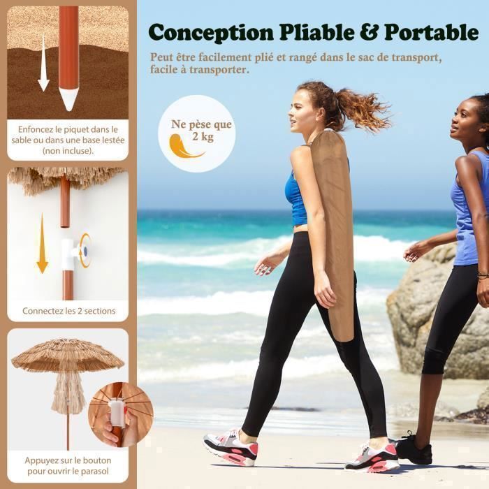 Parasol de Plage Inclinable GIANTEX-Anti-UV/Vent-en PP Paille-1,94 M-Ø ...