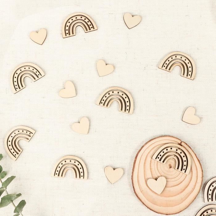 80Pcs Confettis En Bois Arc-En-Ciel Et Cœur Confettis Deco Anniversaire ...