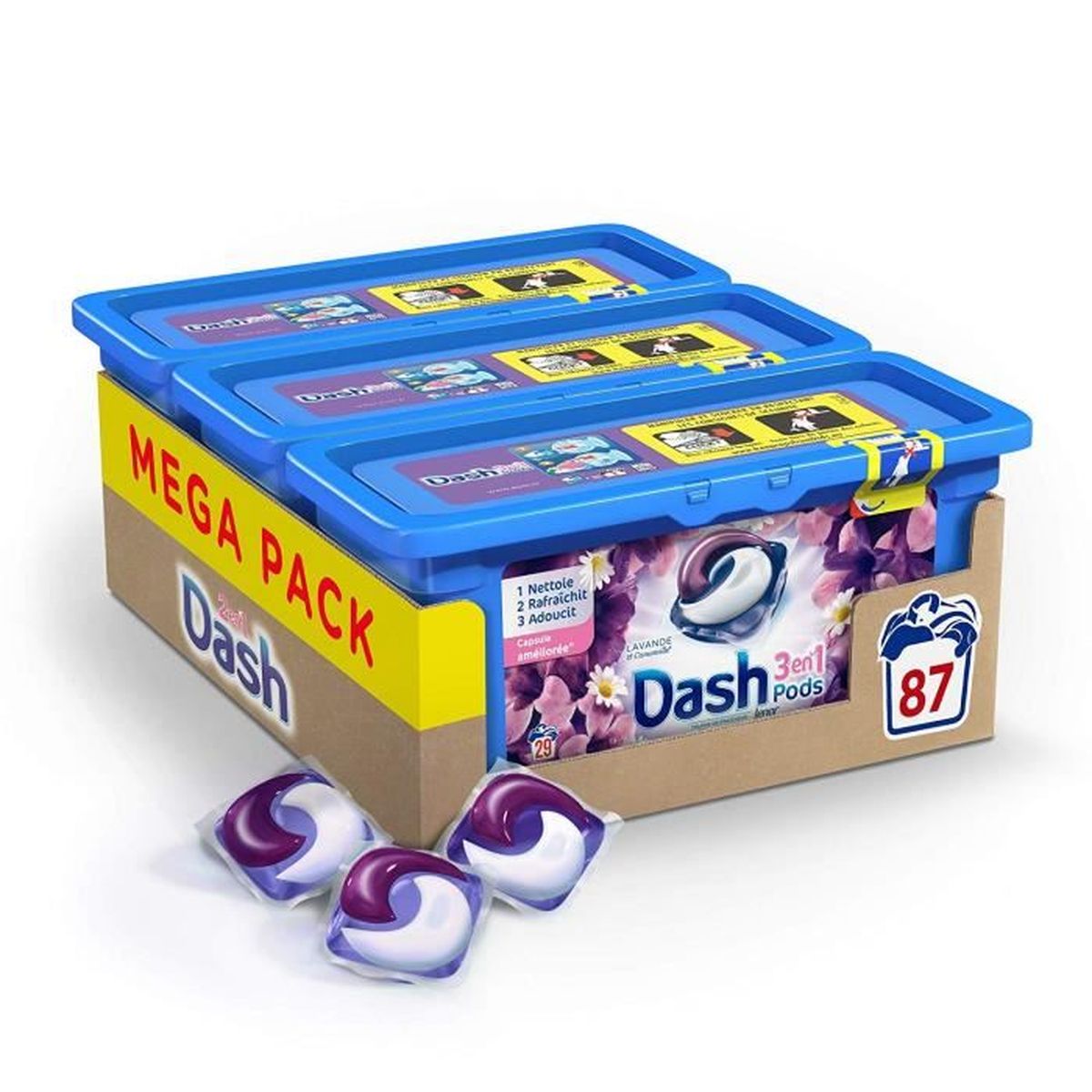 LOT DE 3 LESSIVES Dash 3en1 Pods Capsules Lavande et Camomille Lenor ...