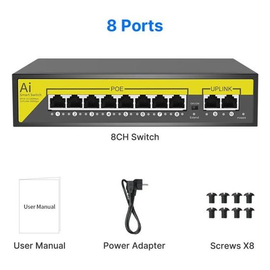 Commutateur Ethernet POE 48V - RNCYN - 8 Ports - 10/100Mbps - Compatible caméra IP - Système de ...