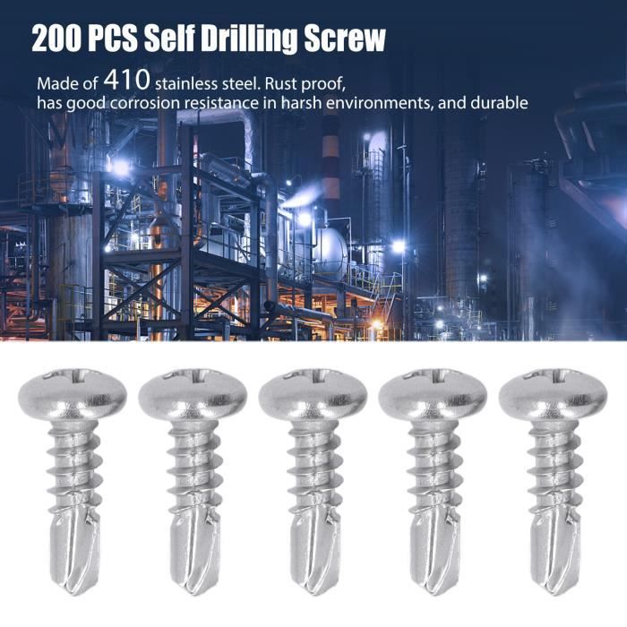 Vis autoperceuse - 200 pcs vis auto-perceuse tête ronde 410 attaches en acier inoxydable pour ...