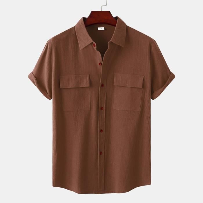 Chemise Homme Mode en Lin Été Respirante Couleur Unie Manches Courtes ...