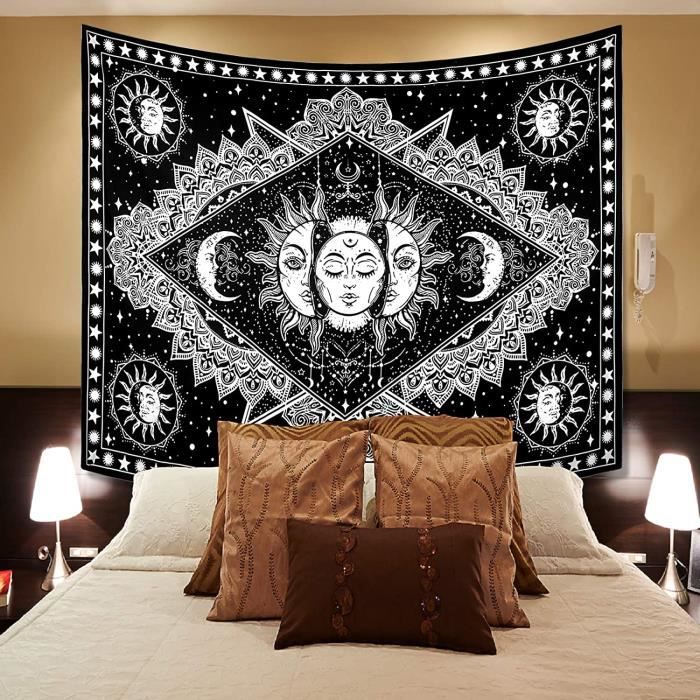 WOVTE Tapisserie Mandala Soleil et Lune Noir Blanc avec Accessoires ...
