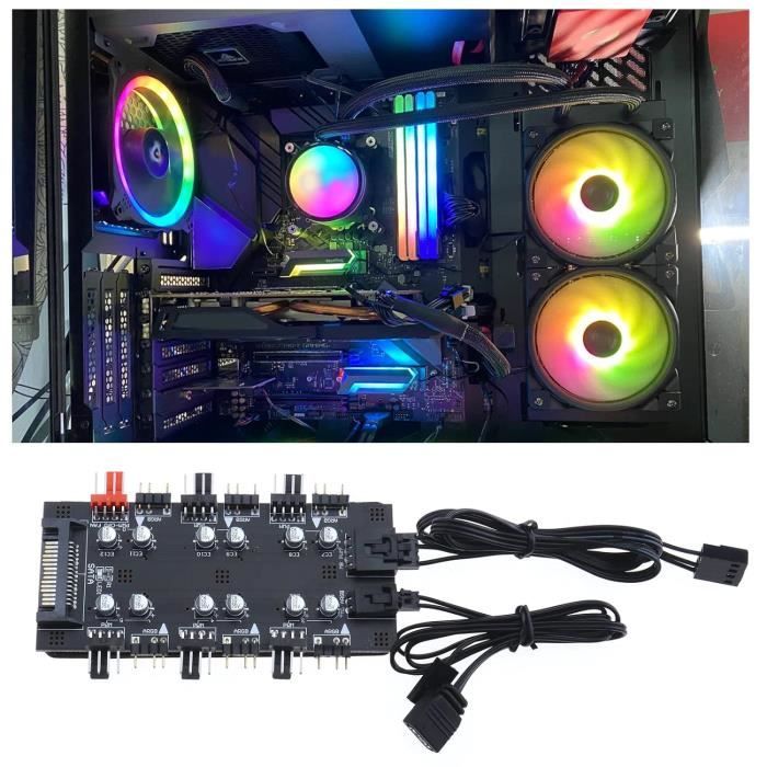 12V 4Pin PWM & 5V 3Pin ARGB Hub avec alimentation SATA 15Pin 2-en-1 Hub 6 Way Sync CPU ...