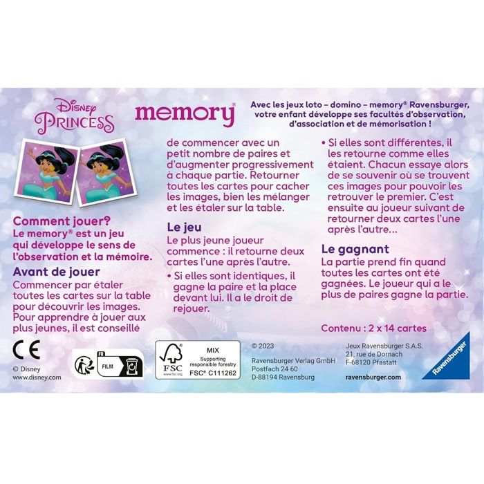 Jeu de mémoire - RAVENSBURGER - Disney Princesses - 2 joueurs ou plus ...