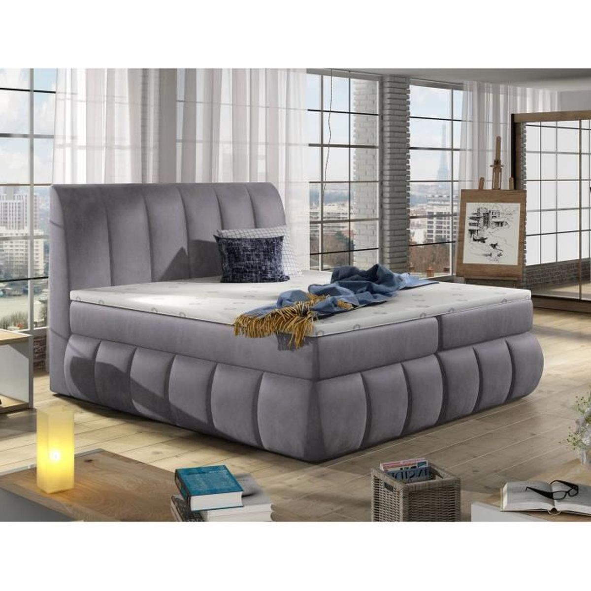 Lit boxspring 140x200 avec coffre de rangement en velours gris ...