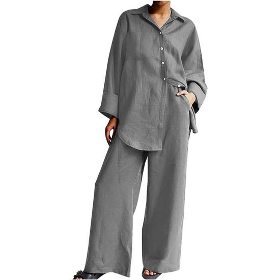 Ensemble en Lin pour Femmes - Gris - Haut Manche Longues et Pantalon Large Lâche Gris ...