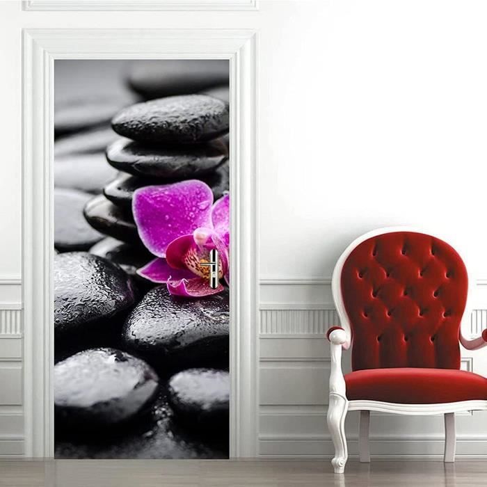 Stickers De Porte Effet 3D Rose Magnolia Fleur Cailloux Noir Zen ...
