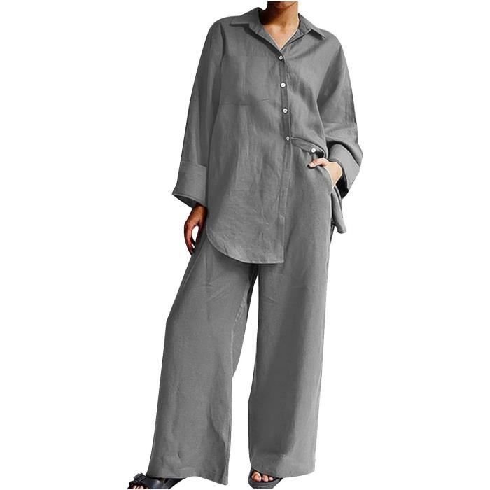 Ensemble en Lin pour Femmes - Gris - Haut Manche Longues et Pantalon ...