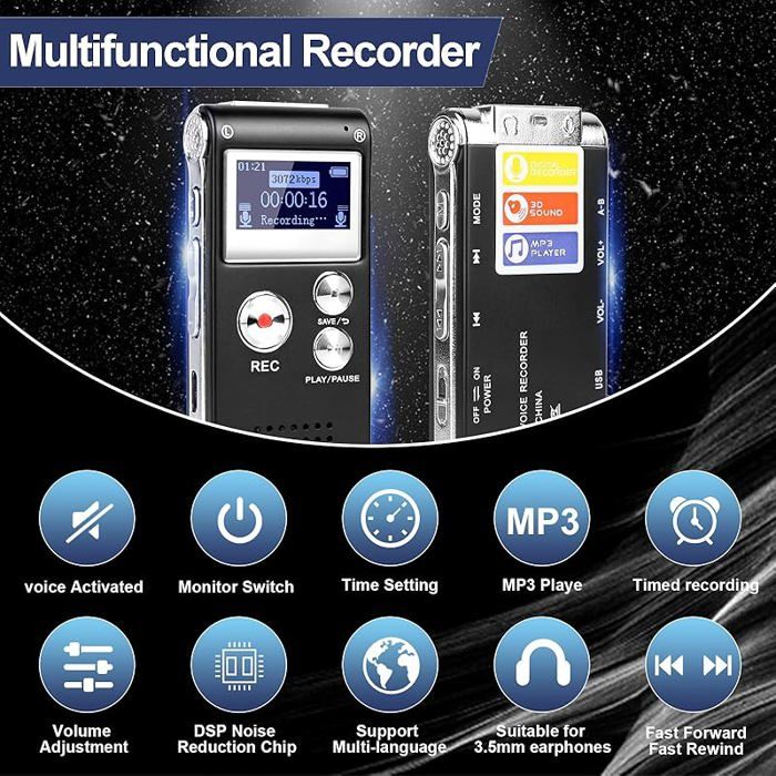 Enregistreur Vocal Numérique 3072 kbps HD avec Lecture, 7 Niveaux ...