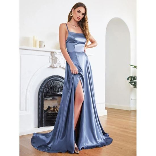 Robe,Robe de soirée trapèze longue en satin bleu pour femme,bretelles spaghetti simples,fente ...