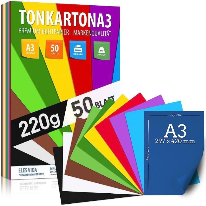 50 Feuilles De Papier De Couleur Carton Din A3-220 G Set 10 Couleurs ...